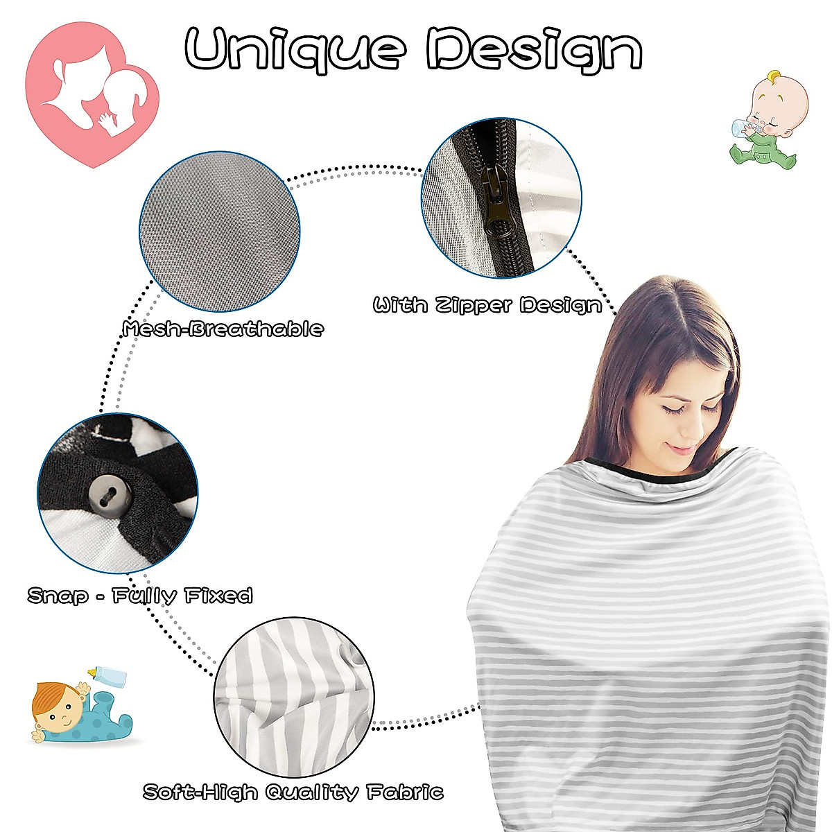Baby Car Seat Covers Mesh Zipper Peep Window Nursing Cover Breastfeeding Scarf Baby Carseat Canopy Infant Stroller Cover Baby Shower Gifts for Girls and Boys Mothers Day Gifts (Grey Stripe)