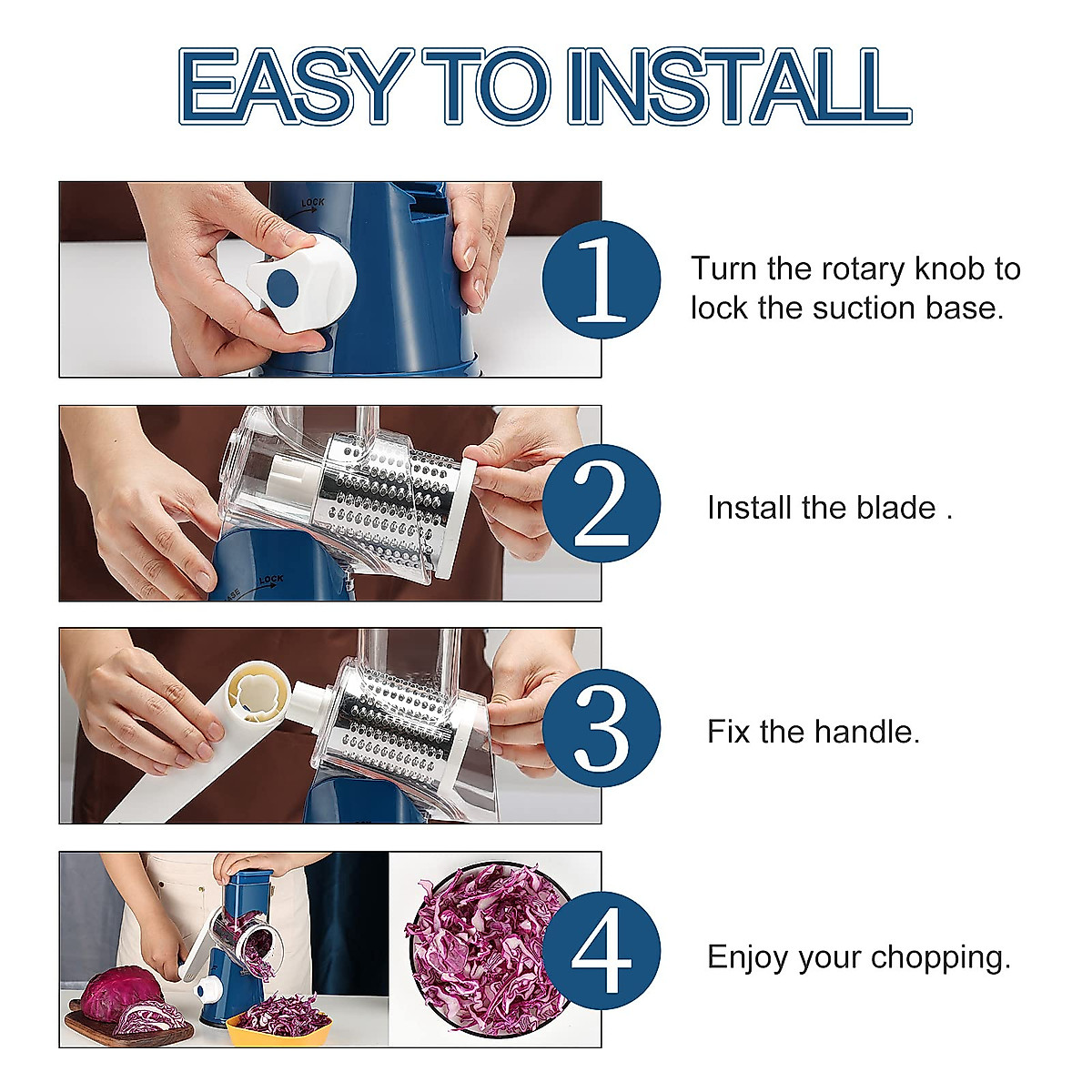 Rotary Cheese Grater Round Mandolin Slicer, Ourokhome Handheld Hashbrown Shredder with 3 Drum Blades, Kitchen Manual Speed Walnut Grinder for Potato, Carrot, Vegetables, Nuts, Zucchini (Dark Blue)