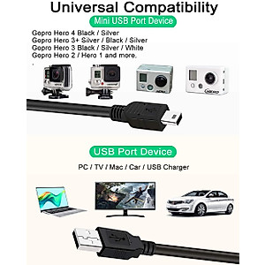 SCOVEE Mini USB Charger Cable for Gopro Hero 4 Silver Hero 4 Black Hero 3+ Silver Hero 3+ Black Hero 3 White Hero 3 Black Hero 3 Silver Hero 2 Hero 1,Mini-B Camera Data Sync Charging Power Cord 3ft