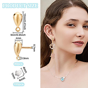 BENECREAT 80pcs 18K Gold Plated Brass Teardrop Earring Studs with 100pcs Plastic Ear Nuts for DIY Jewelry Making, Gold