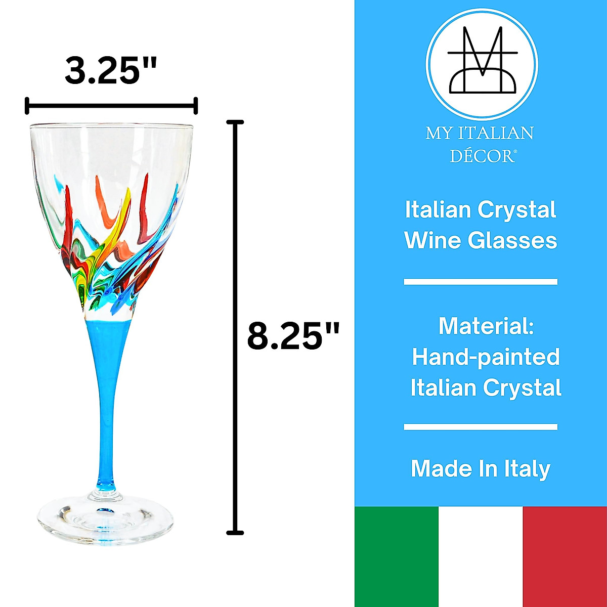 Italian Crystal Trix Wine Drinking Glasses, Set of 2, 8 oz Glasses, Elegant Stemware, Hand Blown Wine Glasses, Crystal Wine Glasses for White or Red Wine, Wedding Glasses, Made in Italy