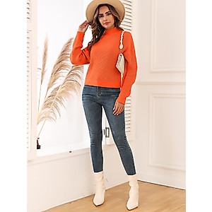 ZAFUL Women's Cropped Turtleneck Sweater Lantern Sleeve Ribbed Knit Pullover Sweater Jumper (1-Orange, M)