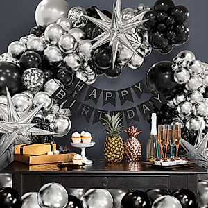 FOTIOMRG Black and Silver Balloons Garland Arch Kit with 3pcs Star Balloon, Metallic Sliver and Black Balloons for Birthday Graduation Baby Shower Disco New Years Party Decorations