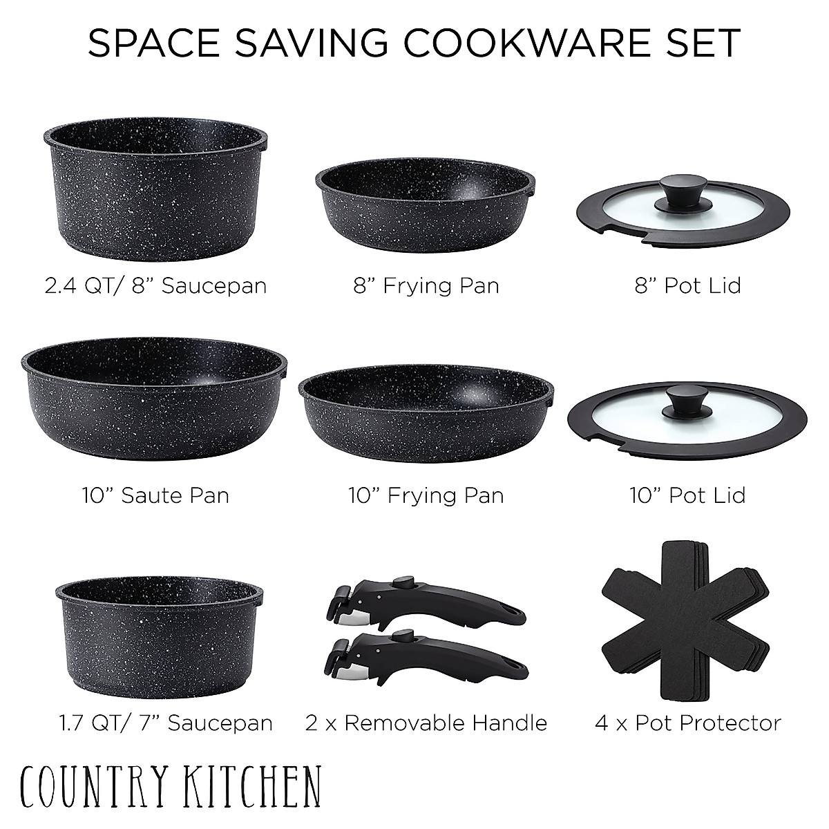 Country Kitchen 13 Piece Pots and Pans Set - Safe Nonstick Kitchen Cookware with Removable Handle, RV Cookware Set, Oven Safe (Black)