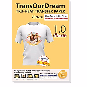 TransOurDream Heat Transfer Paper for Light T Shirts (20 Sheets, 8.5x11") Clear Iron on Transfer Paper for Light &White Fabrics Printable Heat Transfer Vinyl for Inkjet Printer (Trans-1)
