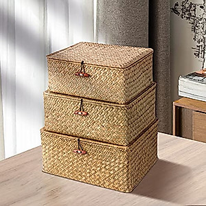 SHEYRAJIIA 3 Pack Cube Seagrass Storage Bins with Lids, Rattan Woven Decorative Storage Boxes, Wicker Storage Baskets for Shelves, Storage Containers for Organizing, Toys, Clothes and Hobby Things