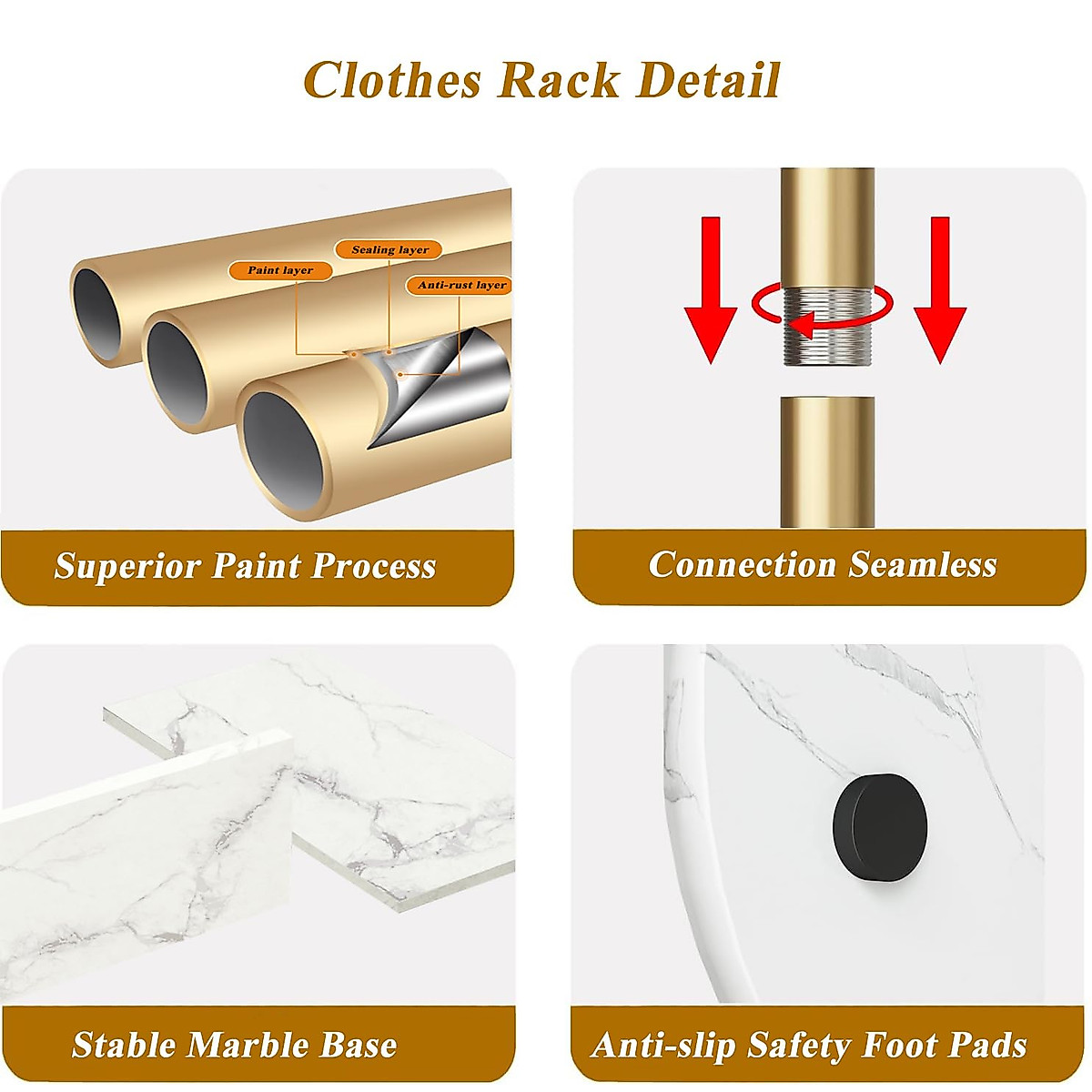 CQAEBK Metal Coat Rack Freestanding, Entryway Clothes Hanger Stand with 15 Hooks & Marble Base, L Shaped Garment Display Rack for Living Room Retail Bathroom, Gold/White, 19.7x11.8x63.8in