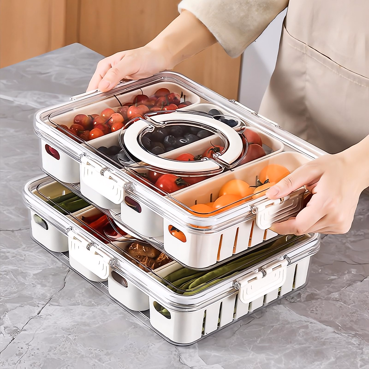 1PC Fruit Storage Containers for Fridge Keep Fresh - Divided Serving Tray with Lid and Handle - Portable Picnic Parties Snackle Box Veggie Tray - Berry Candy Food Snack Organizer Travel (1PC-M)
