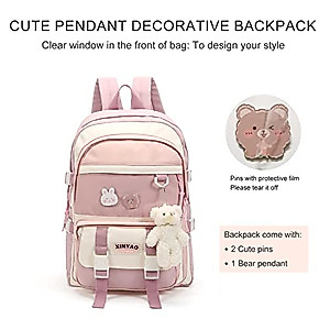 Phaoullzon Kawaii Backpack for School Aesthetic Bookbag Cute Anime Backpacks for Girls with Pins and Pendant, Pink