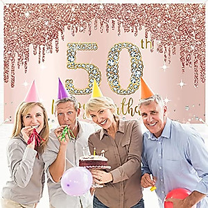 Happy 50th Birthday Banner Backdrop Decorations for Women, Rose Gold 50 Birthday Party Sign Supplies, Pink Fifty Birthday Poster Background Photo Booth Props Décor