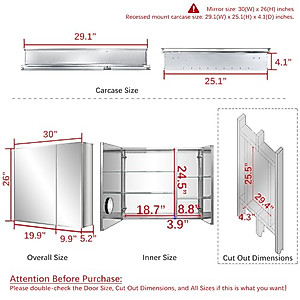 Fundin Bathroom Mirror Medicine Cabinet Aluminum Storage Cabinet 30 x 26 inch Beveled Edge Frameless Double Sided Mirror Door Recess or Surface Mount with 5X Magnifying Makeup Mirror