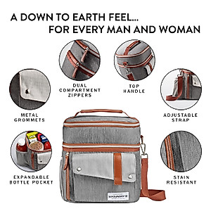 Fit & Fresh Foundry Extra Large Insulated Lunch Box for Men & Women, Large Lunch Bag for Meal Prep, Double Decker Adult Lunch Box for Men with Containers, Adjustable Strap, Dual Compartment, Steel