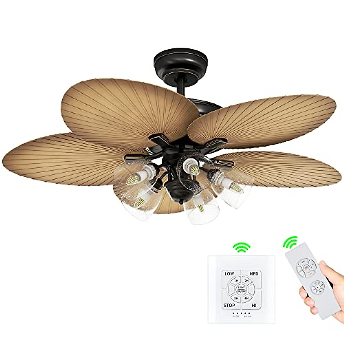 YITAHOME Tropical Ceiling Fans with Lights Remote, Wall Control Switch, 52 Inch Palm Leaf Fanlight with Clear Seeded Glass Light Kit, 3 Speed, 4 Timer, Silent Reversible Motor, Sandstone and Black