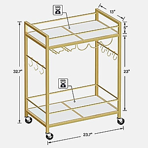 TUTOTAK Bar Cart, Serving Cart for Home, Microwave Cart, Drink Cart, Mobile Kitchen Shelf with Wine Rack and Glass Holder, Rolling Beverage Cart, Gold BC01BB031