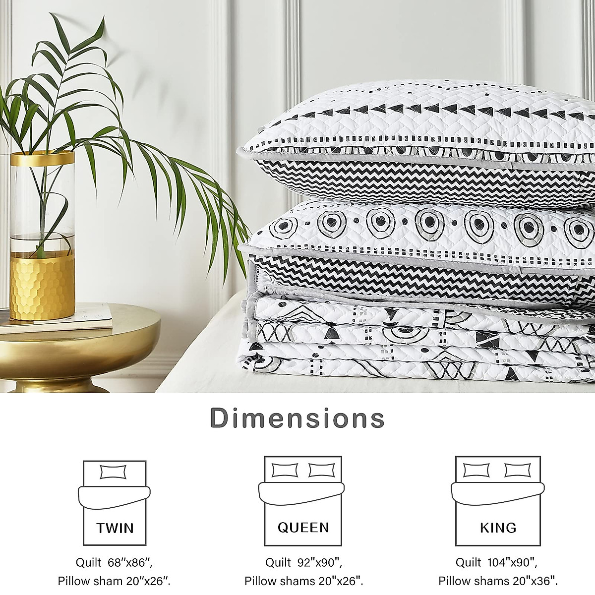 Flysheep 2-Piece Bohemian Geometric Twin Quilt Set for Kids, Aztec White n Black Boho Striped Summer Lightweight Bedspread/Coverlet Set, Brushed Microfiber for All Season - 68" x 86"