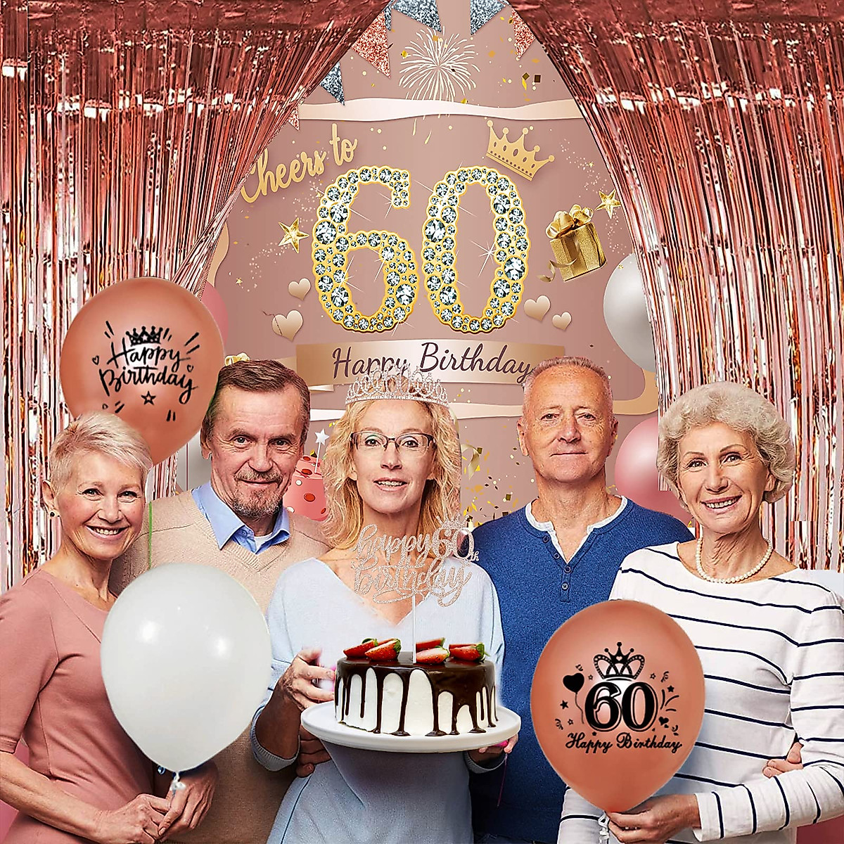 60th Birthday Decorations for Women,90 PCS Rose Gold 60th and Fabulous Birthday Decorations,Including Happy 60th Birthday Banner Backdrop,Crown,Hanging Swirl, birthday Balloons, Foil Backdrops,Cake Toppers, Plates, Photo Props, Birthday Sash,60th Birthday