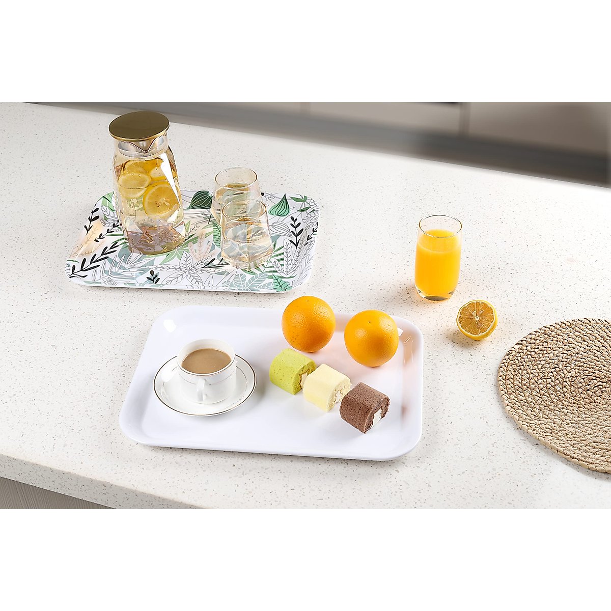 FlosSolis 15.1"x11.3" White Serving Tray Set of 2, Melamine Rectangular Serving Tray/Platters Stackable Sturdy and Easy Clean for Serving Food,Fruit,Desserts,Breakfast,Meals,BPA Free
