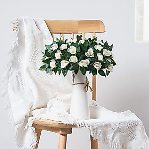 Houele - 6 Pcs 10.92" Milky White Flowers, Artificial Rose Bouquet Fake Flowers, Faux Plastic Greenery Foliage Plants for Home Garden Office Wedding Indoor Decoration