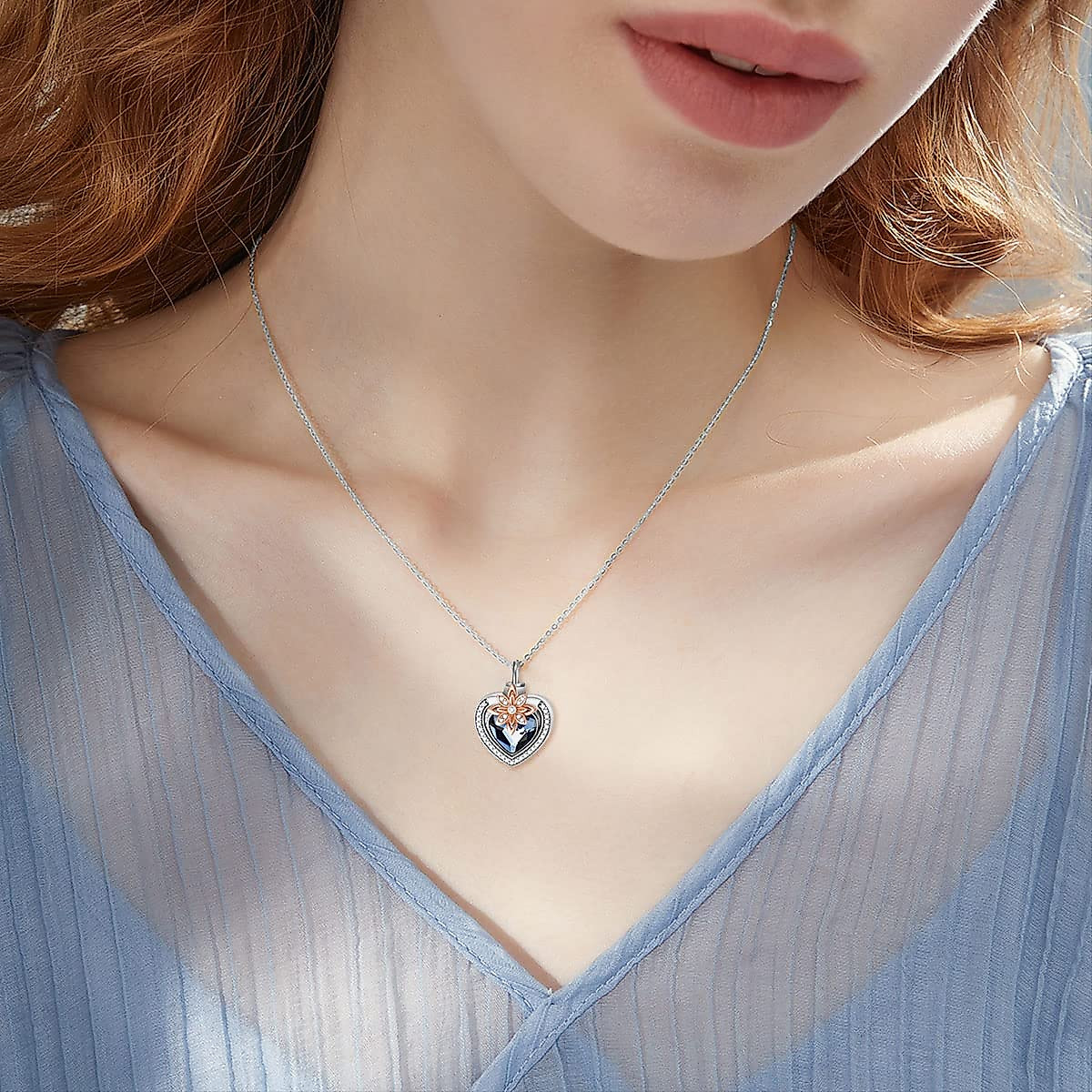AOBOCO 925 Sterling Silver Heart with Flower Urn Necklace for Ashes Engraved Forever in My Heart Cremation Keepsake Necklace with Austrian Crystals Memorial Jewelry Gift for Women