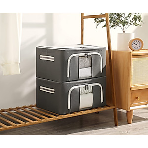 Furnhome Clothes Storage Organizer Bins, Stackable Storage Bins-Foldable Oxford Cloth Steel Frame Storage Box for Clothing Storage with Clear Window & Reinforced Handles (Dark Grey, 22L, 3PCS)
