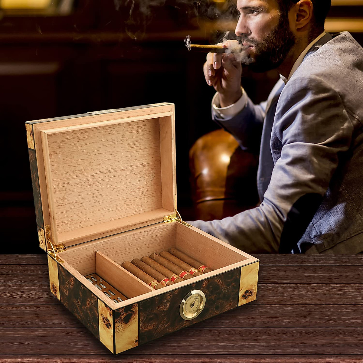 FANKAI Cigar Humidor, Cedar Wood Cigar Case Box with Humidifier Accessories, up to 60 Cigars, Gift for Men