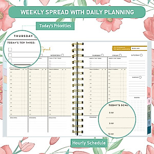 Undated Monthly Weekly Planner/Calendar, Monthly Planner with Daily Agenda & Hourly Schedules, 2023 July-2024 July Academic Work Planner, 12 Monthly Tabs, 8.4" x 6.3", Twin-Wire Binding (flower)