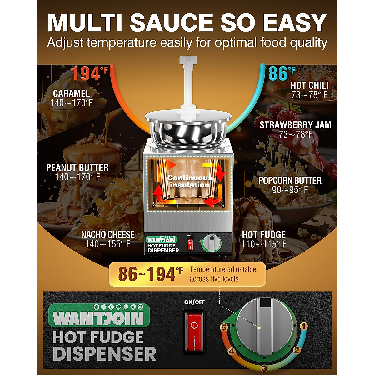 WantJoin Nacho Cheese Dispenser with Pump,4.6Qt Nacho Cheese Warmer,Stainless Steel Hot Fudge Warmer W/5-Level Temperature Adjustment,Hot Fudge Dispenser for Hot Fudge Cheese Caramel