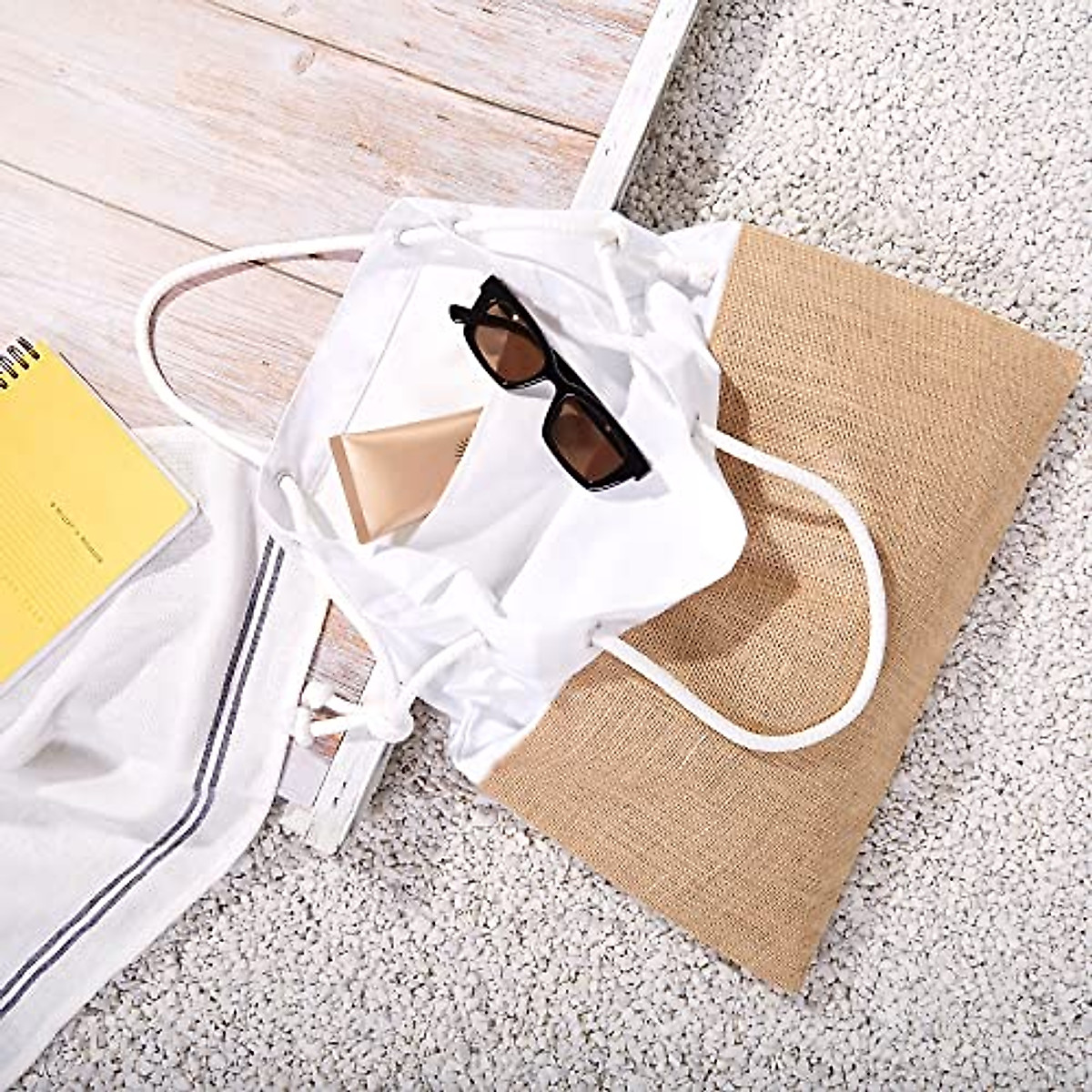 Srivilai Handcraft SRIVILAI Large Jute Canvas Shoulder Beach Bag, Stylish Two Tone Woven Natural Jute & White Canvas Boho Tote Bag, Eco-Friendly Summer Shopping Bag with Adjustable Rope Handle