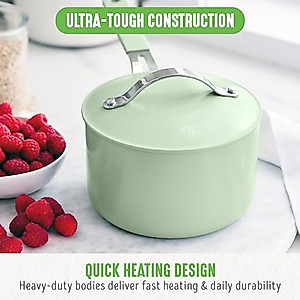 GreenLife Dream 2-Quart Ceramic Nonstick Saucepan with Lid, PFAS-Free & PFOA-Free, Dishwasher & Oven Safe, Stay-Cool Handle, Durable Aluminum Body, Easy Clean, Versatile Cooking, Sage Green
