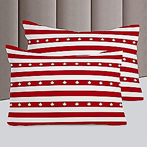 Queen Comforter Covers Sets Happy Canada Day 4 Piece Duvet Cover Set Lightweight Microfiber Soft Bedding Set for Adult Teen, Red Striped Maple Leaves