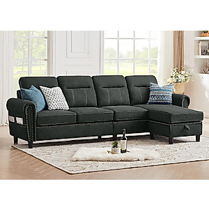 Tornama Convertible Sectional Sofa L Shaped Couch Reversible Sectional for Living Room Apartment, 4 Seater Sectional Couch with Storage Ottoman, Black