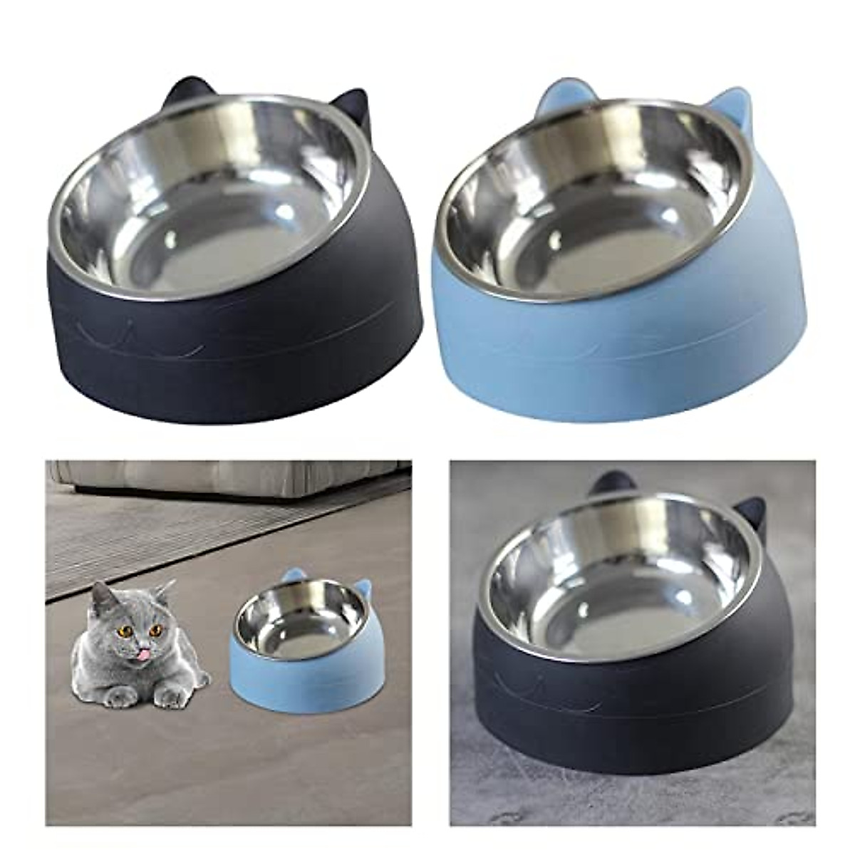 Baoblaze 2X Metal Raised Puppy Cat Dog Bowls Tilted Elevated Water Food Feeder Small Dogs Cats Pet Feeder , Blue Black