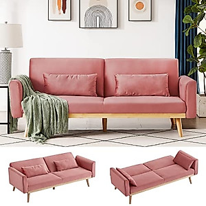AWQM Velvet Futon Sofa Bed, Memory Foam Couch Set, Upholstered Modern Daybed Convertible Folding Loveseat Recliner with Pillows and Wooden Frame for Compact Living Room, Apartment, Dorm, Office (Pink)