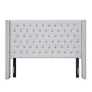 Madison Park Queen Button Tufted Headboard, Adjustable Upholstered Transitional Wingback Headboard, Nailhead Trim, Wooden Frame, Black Metal Legs, Flush Flat Back, Vintage Bedroom Décor Amelia - Grey