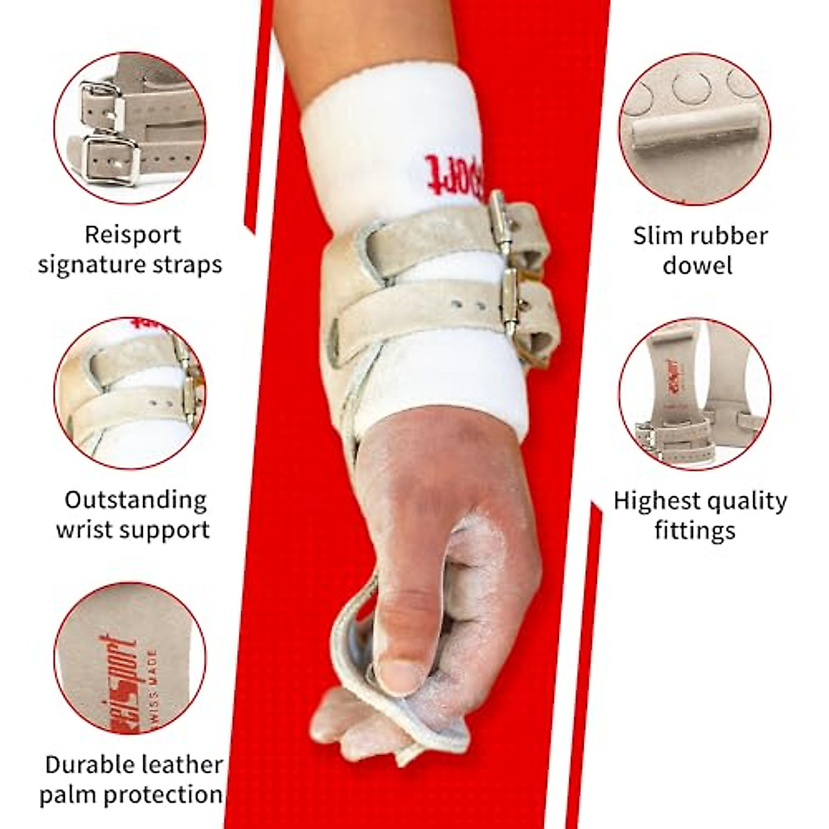 Reisport Double Buckle High Bar Gymnastics Grips for Men - Durable Leather Straps for Secure Grip - Hand Grips for Gymnastics Bars Men & Boys - Gymnastics Equipment & Accessories for Advanced Gymnasts, Made In USA - Medium