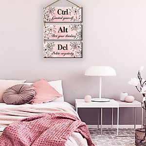 3 Pieces Pink Wall Decor for Girl Room Wall Decor Floral Wooden Wall Hanging Wall Art Inspirational Office Wall Decor with Positive Quotes Ctrl Alt Del Wall Sign for Girl Women Bedroom Bathroom(Pink)