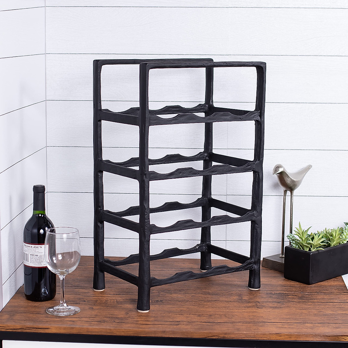 BIRDROCK HOME 12 Bottle Wine Rack - Free Standing Stand - Kitchen Countertop - Black Forged Metal - Vertical Shelf Storage Cabinet - Holder