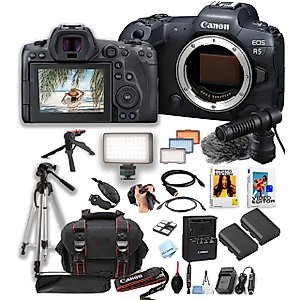 Canon EOS R5 Mirrorless Camera Body + 128GB Pro Speed Memory + Led Video Light + DME 100 Microphone +Case + Tripod + Software Pack-Video Bundle (Renewed)