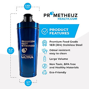 Prometheuz 24oz Stainless Steel Insulated Shaker Bottle with Wire Whisk, Double Walled Vacuum Perfect for Protein Shakes and Pre-Workout to Keeps Hot and Cold, Blue