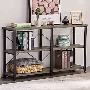 GRELO HOME Rustic Console Table for Entryway, Industrial Sofa/Entry Table with Storage Open Bookshelf for Living Room, 55 in Gray Oak