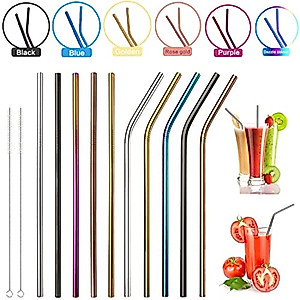 InfantLY Bright 3Pcs Multicolor Stainless Steel Metal Drinking Straw Reusable Straws + 1 Cleaner Brush Kit