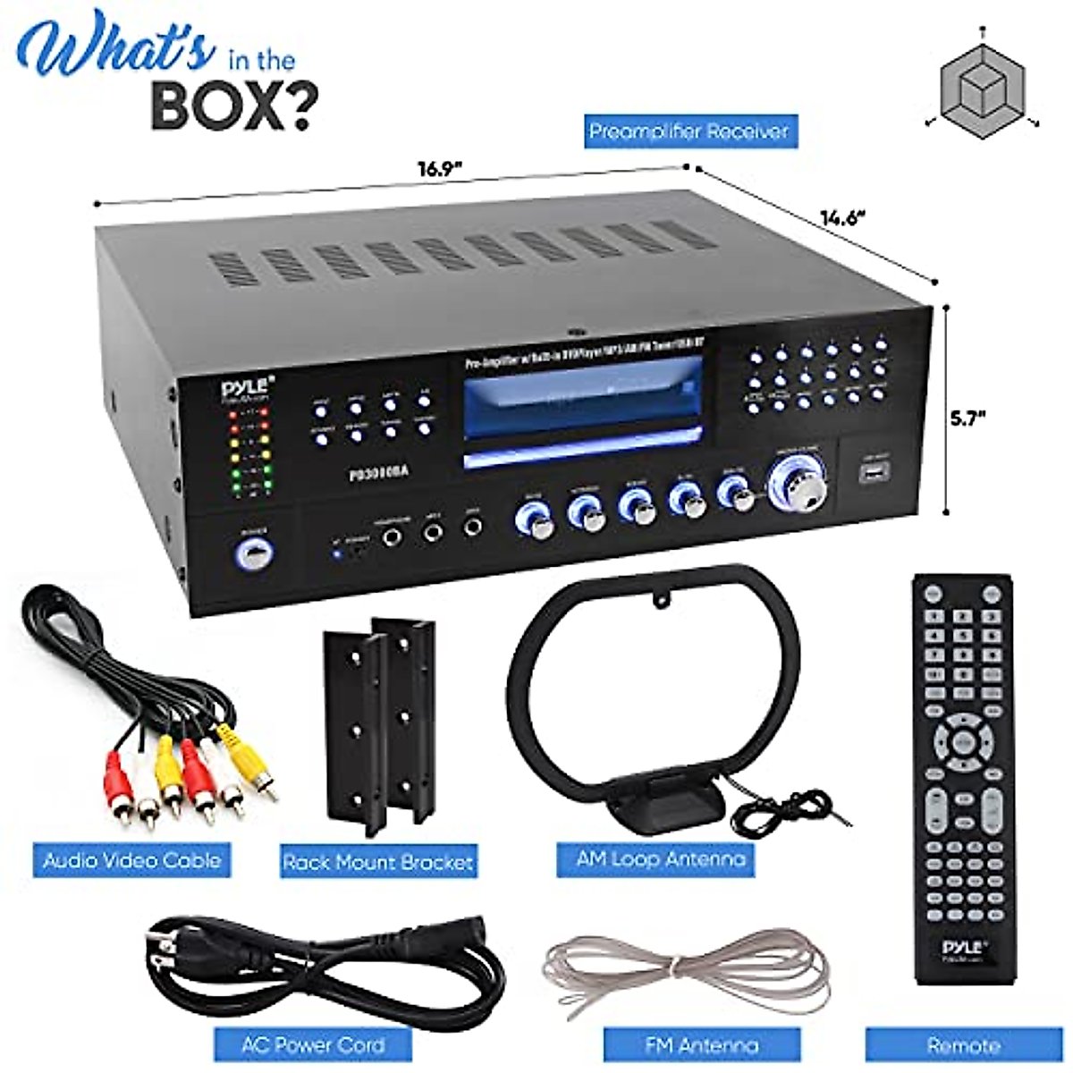 Pyle 4 Channel Wireless Bluetooth Amplifier - 3000 Watt Stereo Speaker Home Audio Receiver w/ FM Radio, USB, 2 Microphone w/ Echo for Karaoke, Front Loading CD DVD Player, LED, Rack Mount - PD3000BA
