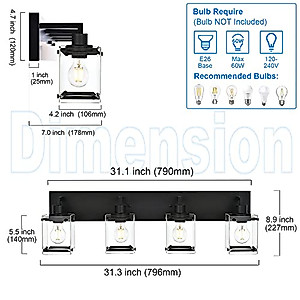 MELUCEE 4-Light Vanity Lights for Bathroom, Industrial Indoor Wall Sconces Black Bathroom Lighting with Rectangular Clear Glass Shade for Kitchen Hallway Living Room, 31.3 Inches Length