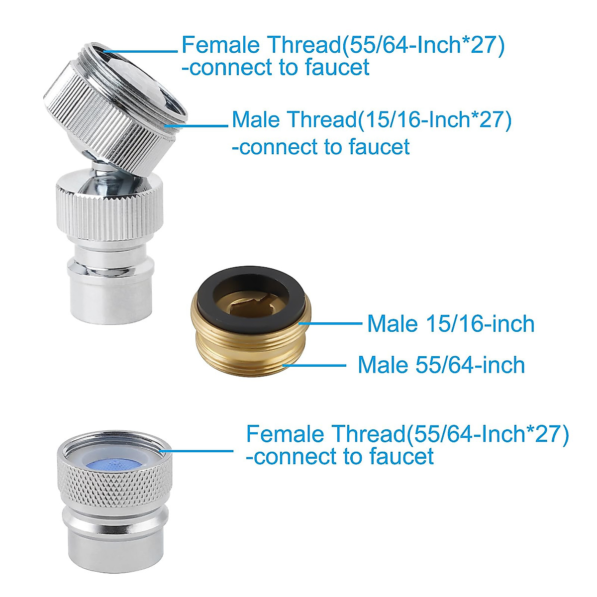 Hibbent 2 PACK Dishwasher Faucet Adapter, Dishwasher Snap Adapter Connection, One with Swivel Ball Joint and The Other One with Faucet Aerator, 15/16-27Male Outside and 55/64-27Female Inside, Chrome