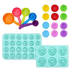 Silicone Donut Mold Doughnut Pan - Silicone Cupcake Pan, Silicone Cupcake Molds - Silicone Baking Cups - Measuring Spoons, Non-Stick Dishwasher Safe - 15 pack