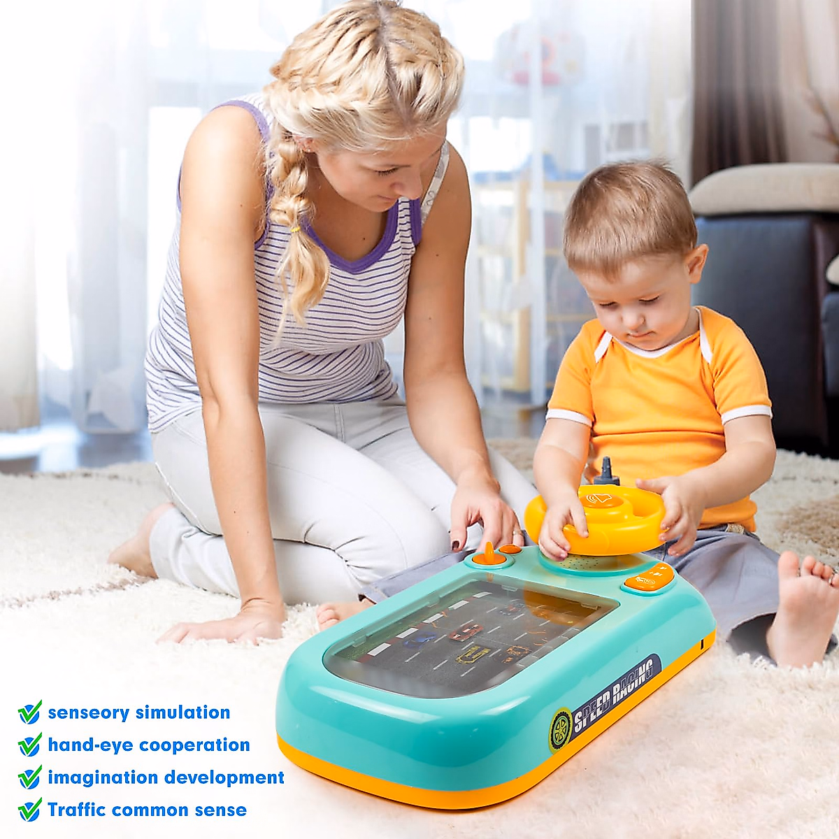 Beacron Musical Steering Wheel Toys for Boys 4-6, Toddler Simulated Driving Racing Car Game with Sound Age 3+ Year Old, Interactive Educational Learning Race Car Toy for Boys and Girls Birthday Gift