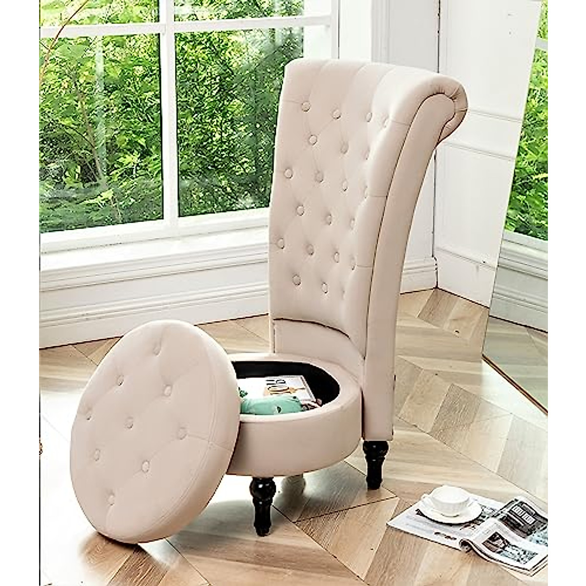 Container Furniture Direct Royal High-Back Velvet Accent Chair for Vanity with Storage and Luxurious Upholstery, Retro Design and Versatile Usage for Living Room, Bedroom, Lounge and Office, Ivory