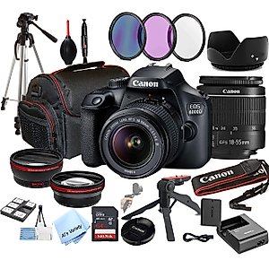 Canon EOS 4000D (Rebel T100) DSLR Camera w/EF-S 18-55mm F/3.5-5.6 Zoom Lens + 128GB Memory + Case + Tripod + Filters (28pc Bundle)
