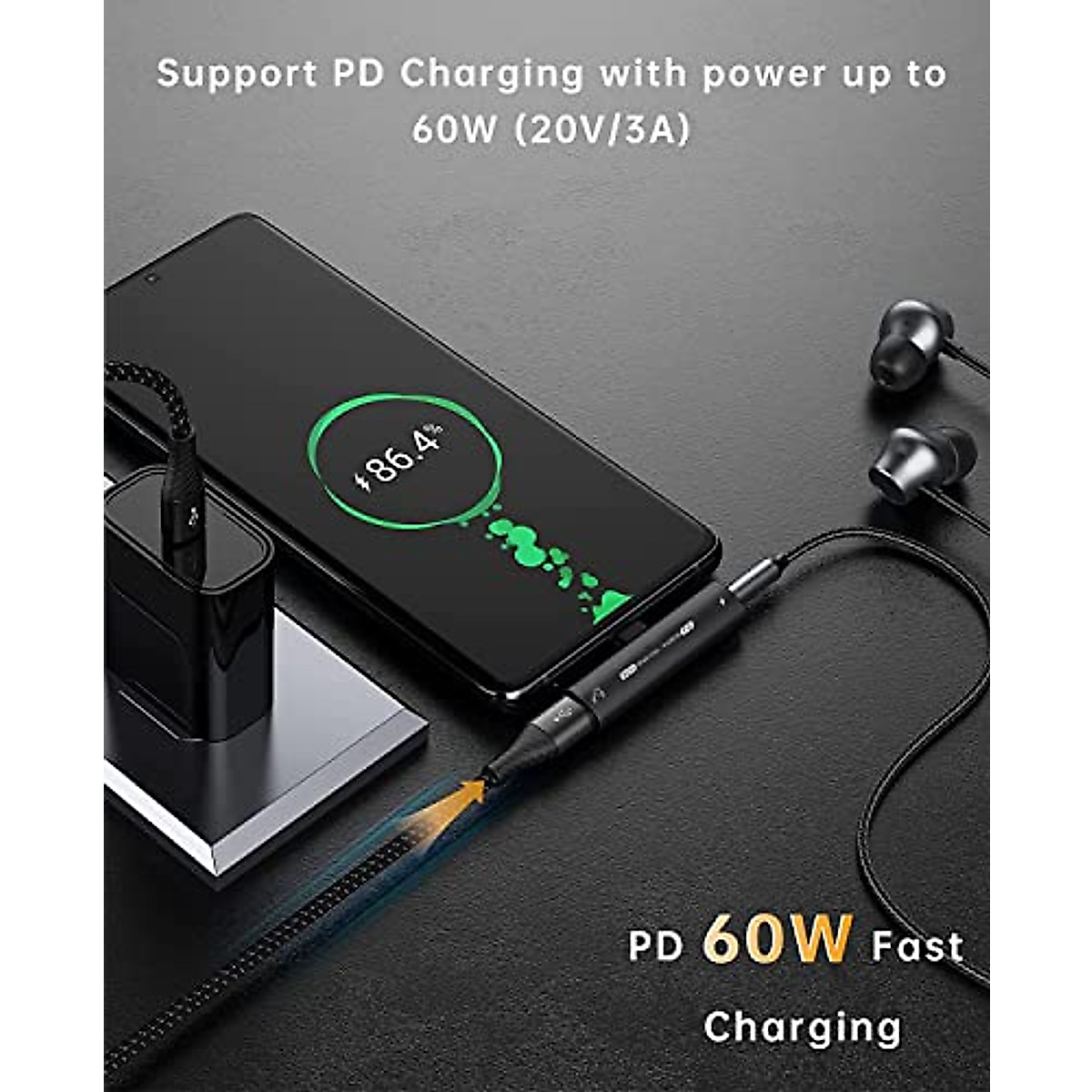 USB C to 3.5mm Headphone and Charger Adapter, 2-in-1 USB Type C to AUX Mic Jack Dongle Cable with PD 60W Fast Charging Compatible with Samsung Galaxy S20 S21+ S22 S23 Ultra,Note 20 10,Pixel,iPad Pro