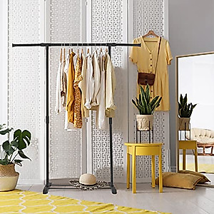 Simple standard Rod clothing Garment Rack,Super Easy Assembly NO Tools Required,Adjustable Floor Hanger, Used In The Bedroom To Hang Clothes, Hats, Bags,Shoes Boxes,Rolling Clothes Organizer,Black